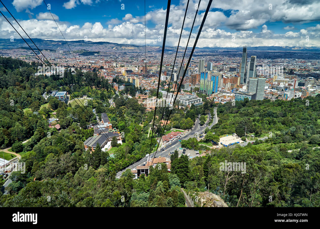 birds eye view from cable car of mount Cerro de Monserrate onto Bogota ...