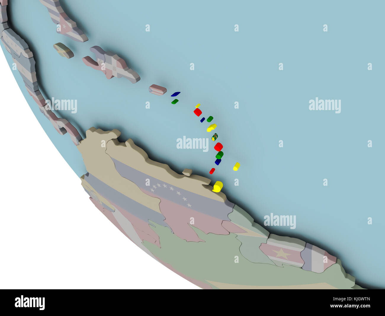 Map of Caribbean on political globe with embedded flags. 3D ...