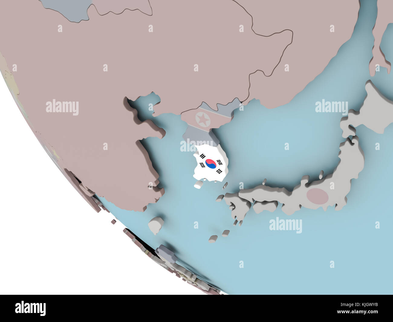 Map of South Korea on political globe with embedded flags. 3D ...