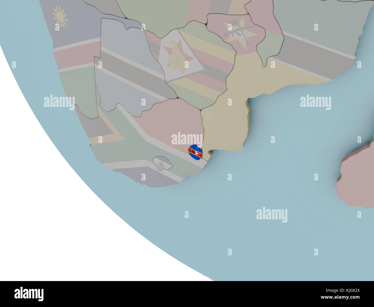 Map of Swaziland on political globe with embedded flags. 3D ...