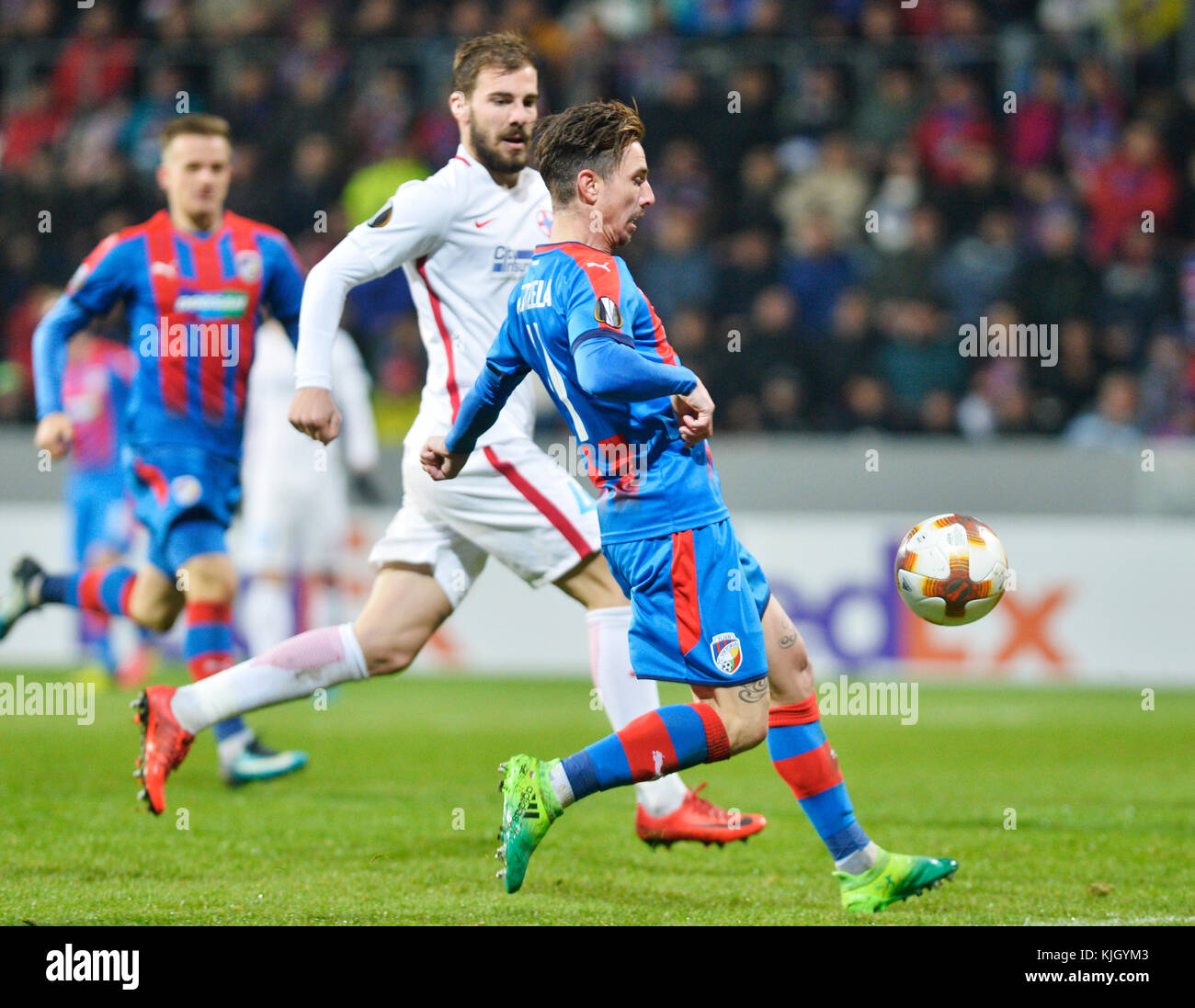 Pilsen, Czech Republic. 23rd Nov, 2017. Mihai Balasa of FCSB, left, and ...