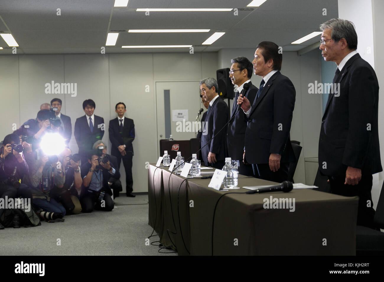 Akira Takeuchi (second from right) president of Mitsubishi Materials ...