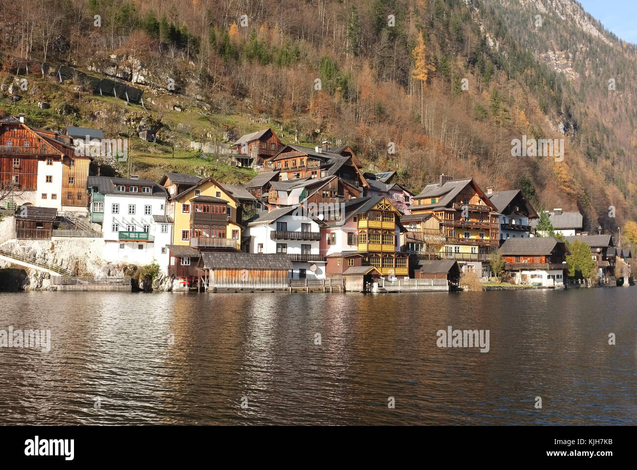 HALLSTATT, NOV. 24: 16th-century Alpine houses at the shore of ...