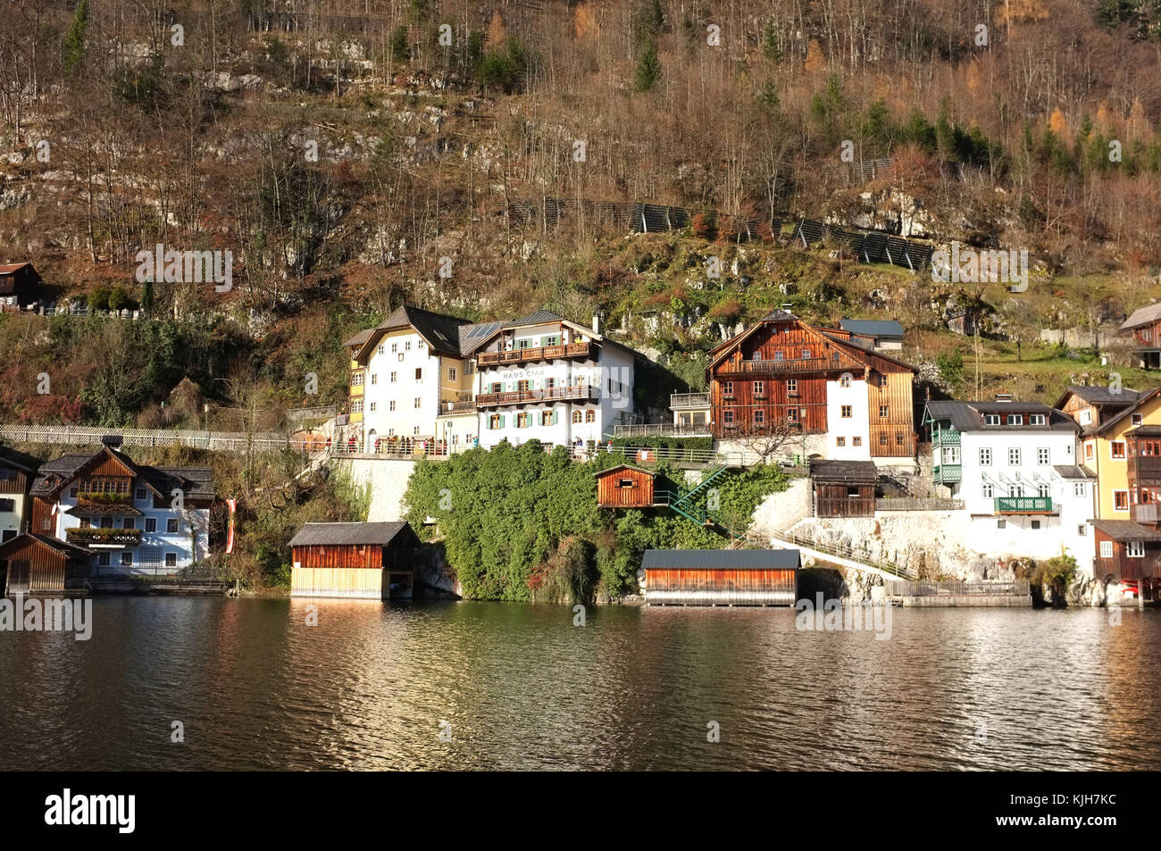 HALLSTATT, NOV. 24: 16th-century Alpine houses at the shore of ...