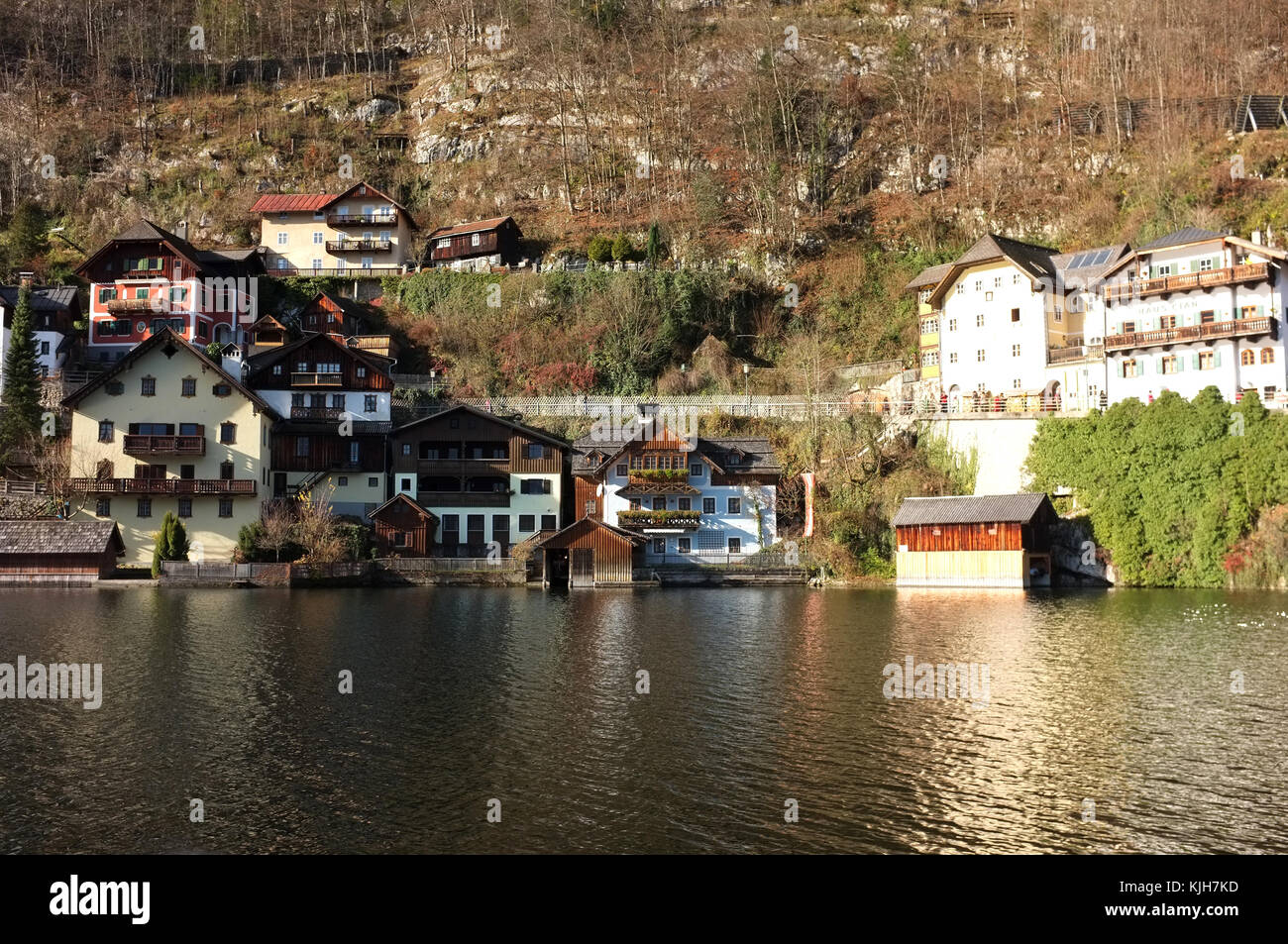 HALLSTATT, NOV. 24: 16th-century Alpine houses at the shore of ...