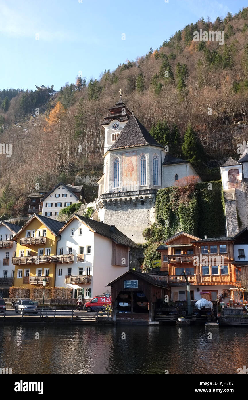 HALLSTATT, NOV. 24: 16th-century Alpine houses at the shore of ...