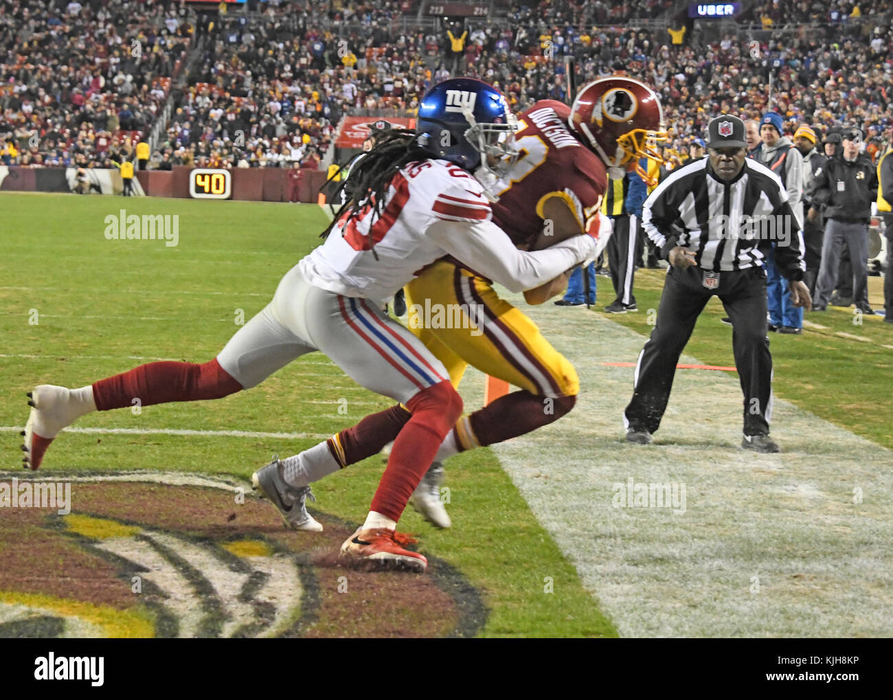 Washington Redskins wide receiver Josh Doctson (18) is forces out of ...