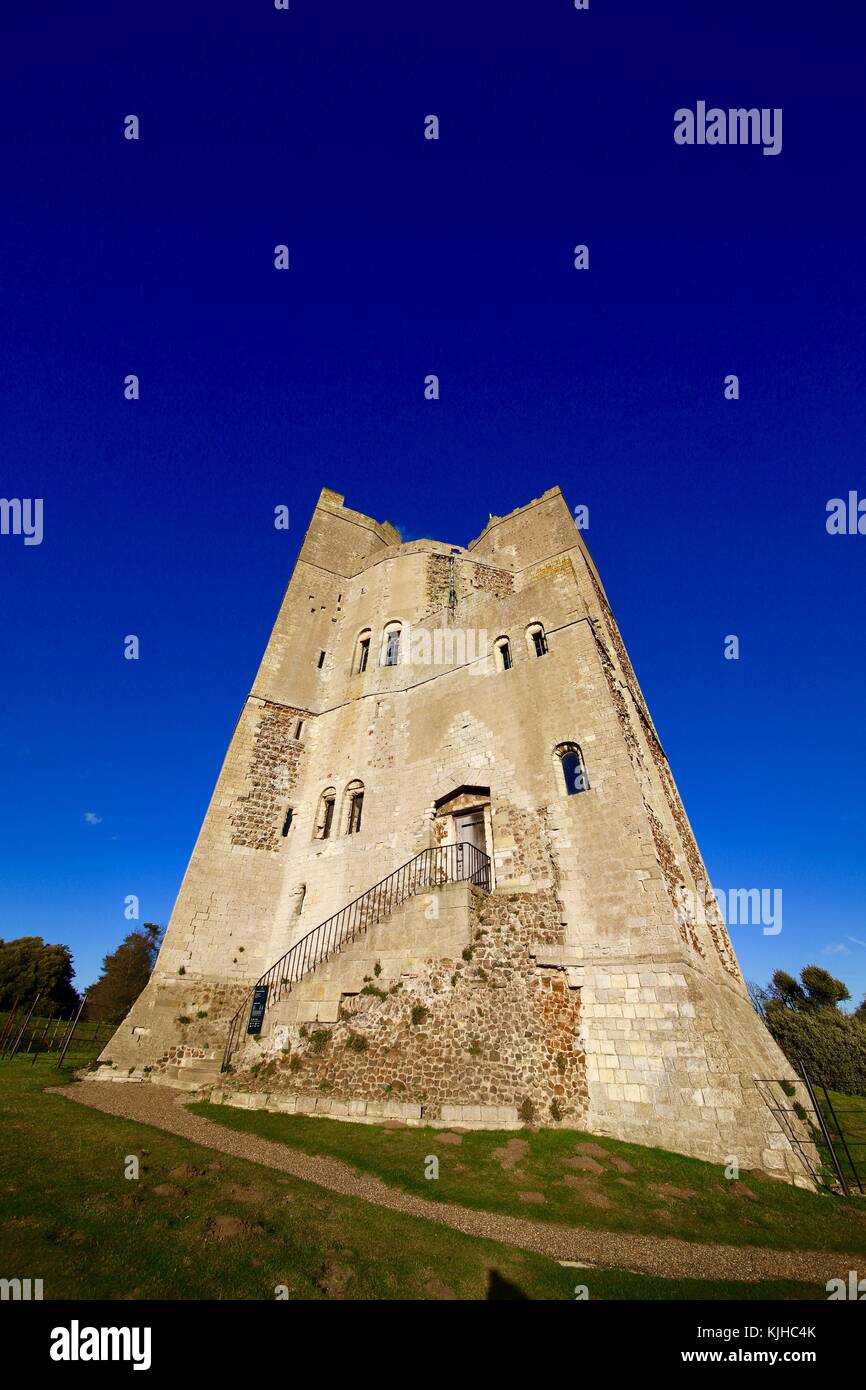 Historic 12th century Orford castle in Suffolk against a deep blue sky ...