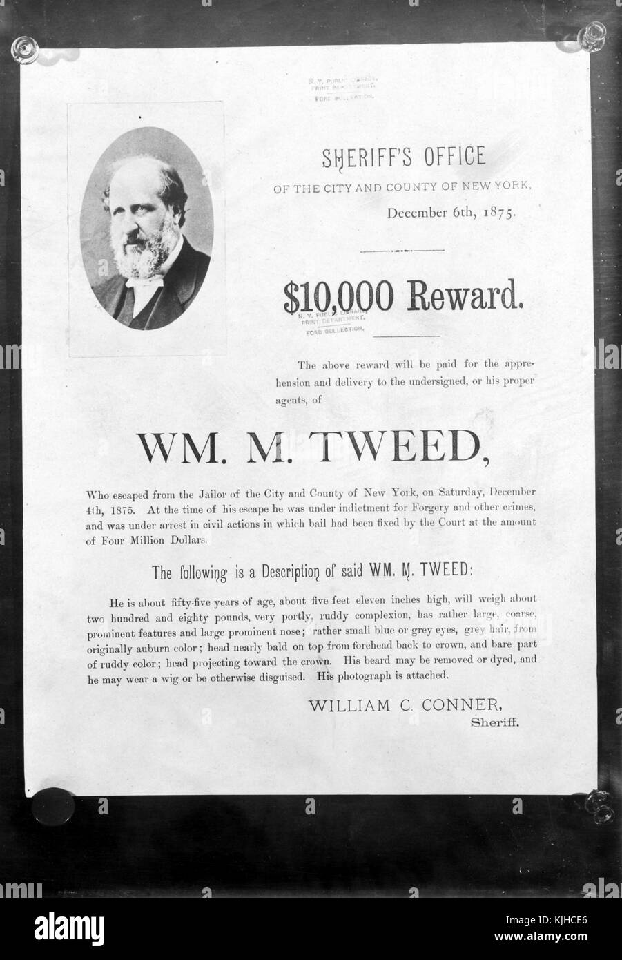 A wanted poster for William M Tweed after he escaped from jail the ...