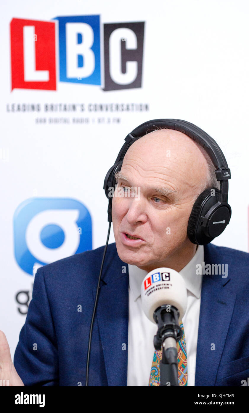 Sir Vince Cable (Leader of the Liberal Democratic Party) giving a radio ...