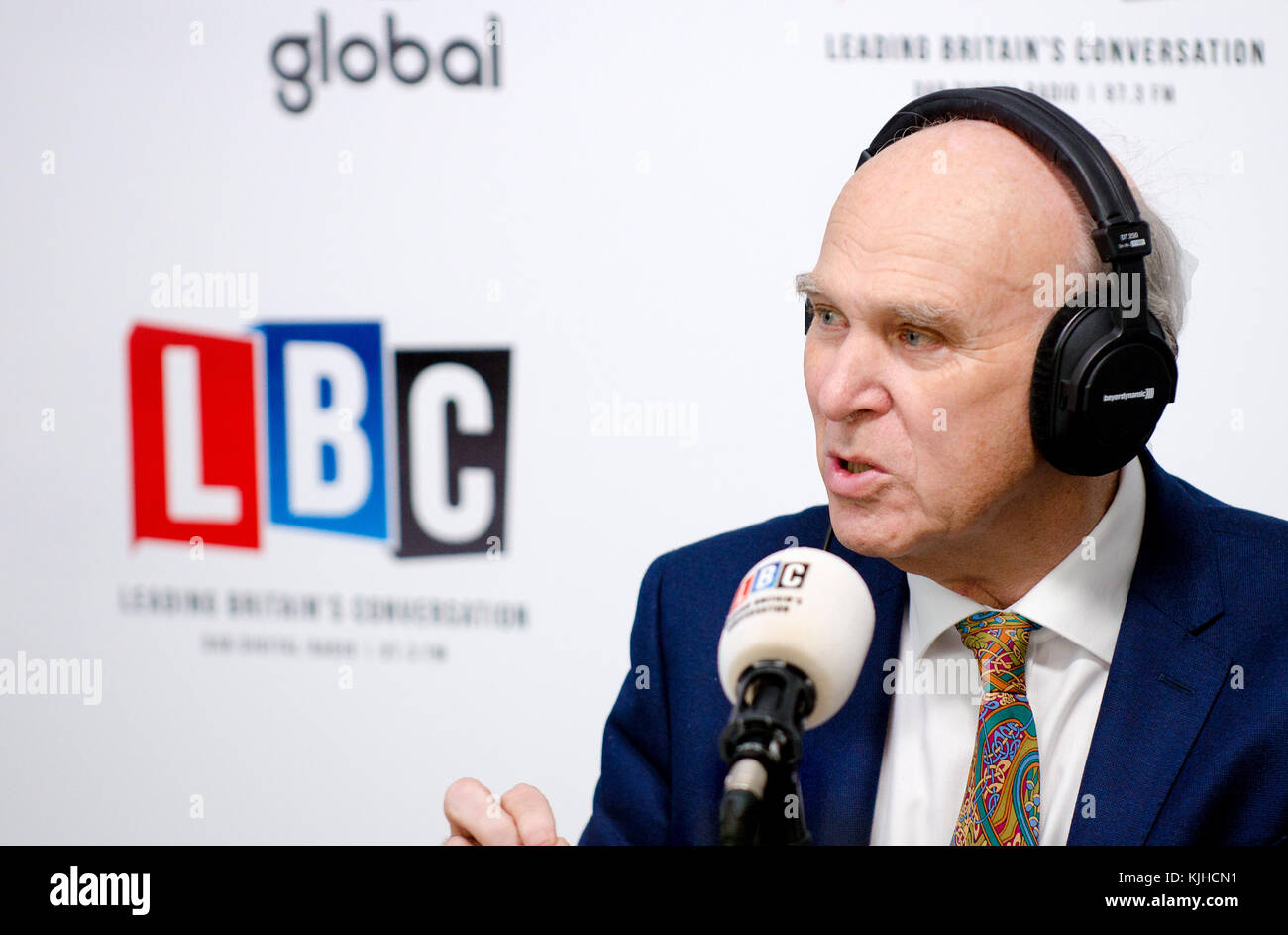 Sir Vince Cable (Leader of the Liberal Democratic Party) giving a radio ...