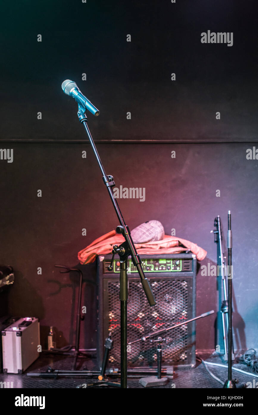 Microphone on stage and stage lights Stock Photo - Alamy