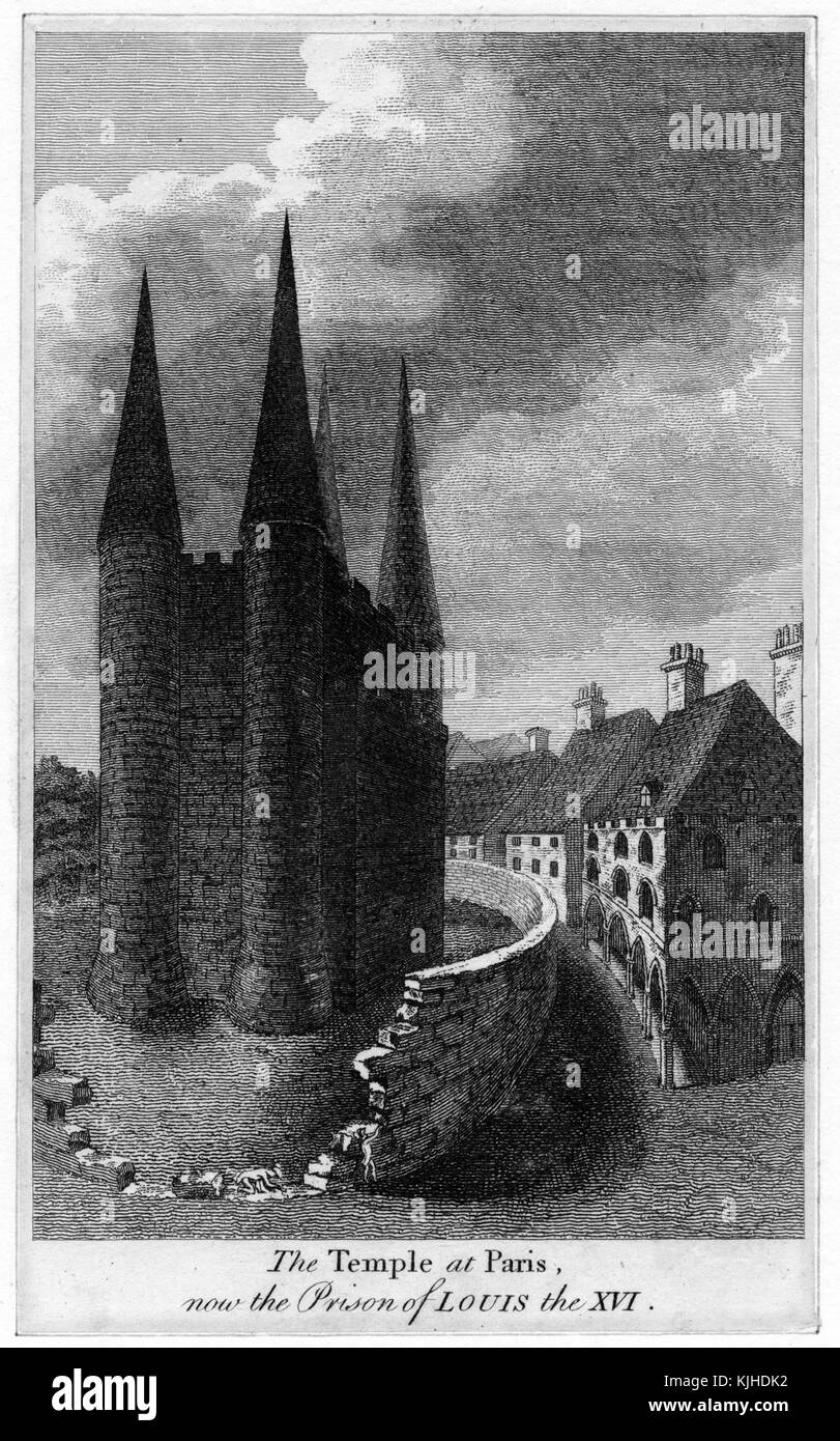 An etching depicting the Temple at Paris, construction of the fortress ...