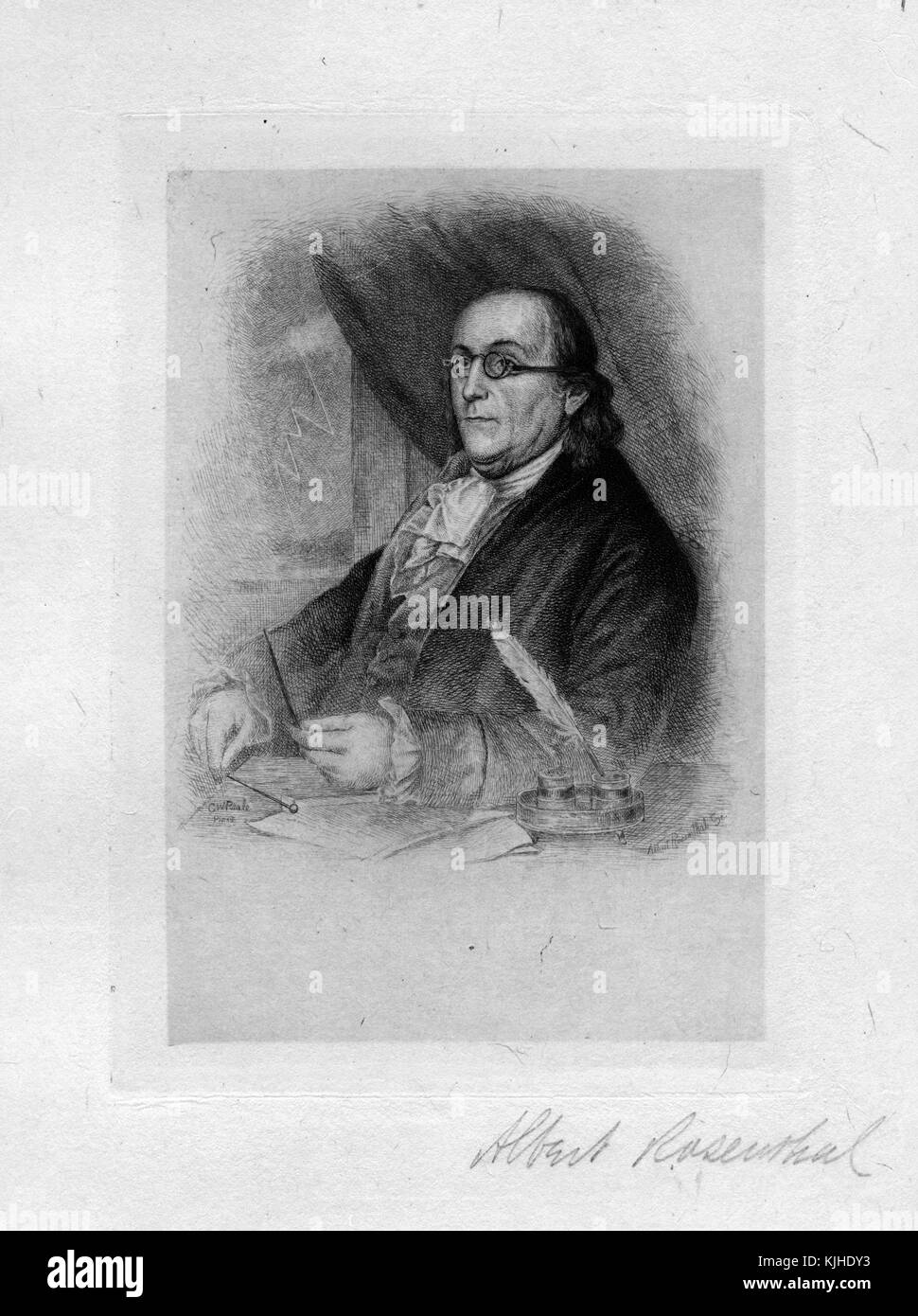 Engraved portrait of Benjamin Franklin, sitting, signed by Albert ...