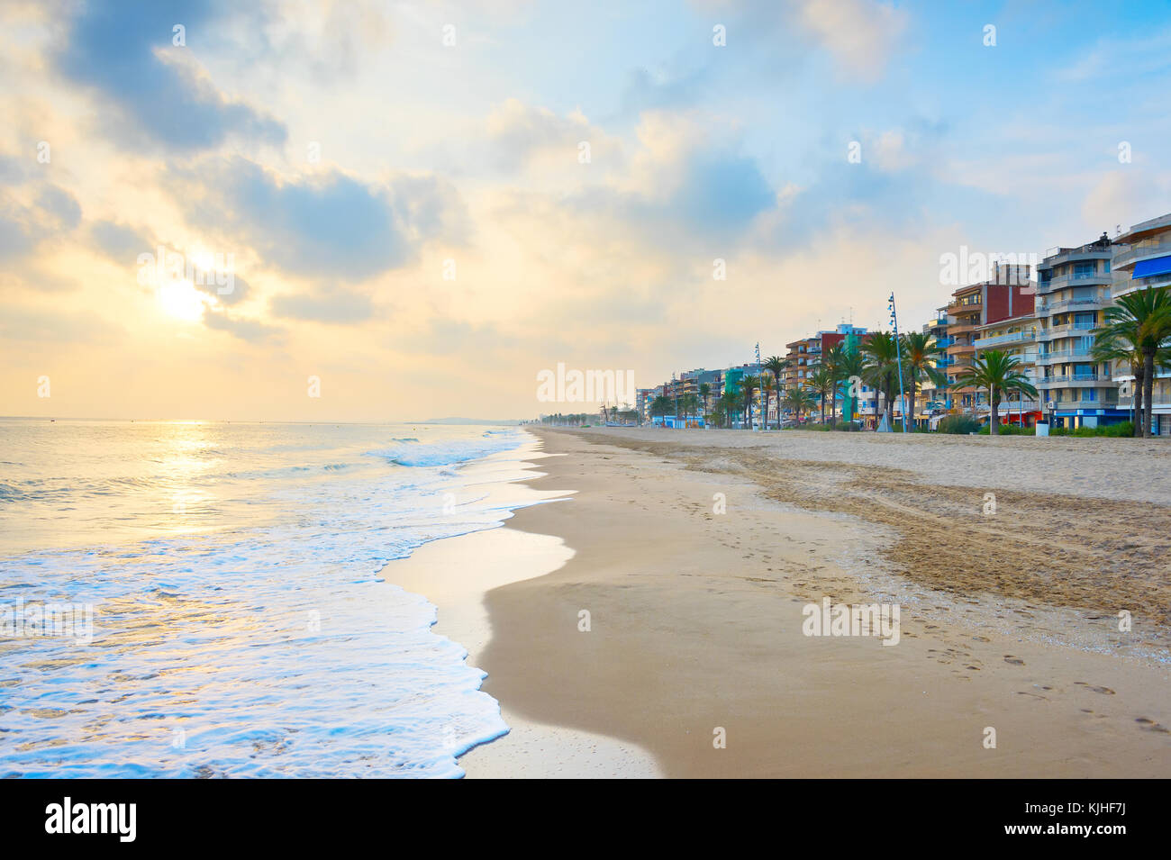 View of Spain sea beach town at sunset Stock Photo - Alamy