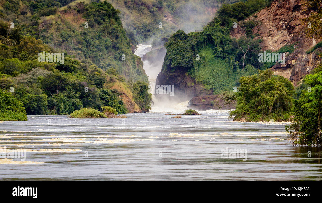 The bottom of the Murchison Falls waterfall reached by a safari boat ...