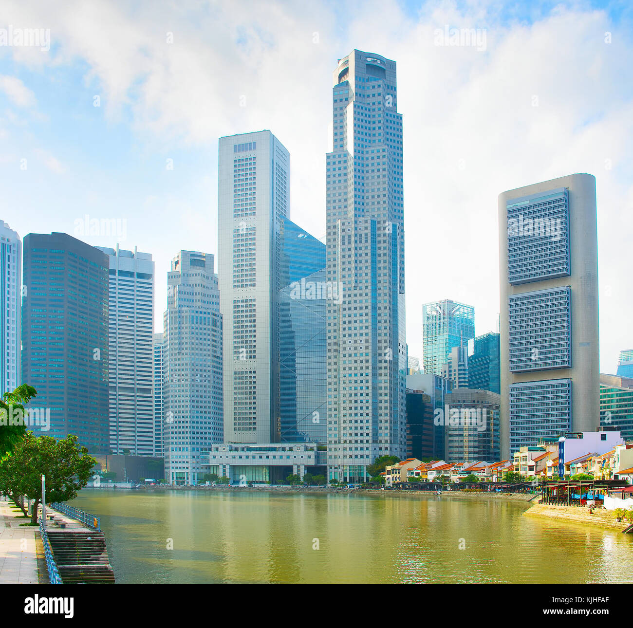 View of Raffles place office buildings in the morning light. Singapore ...