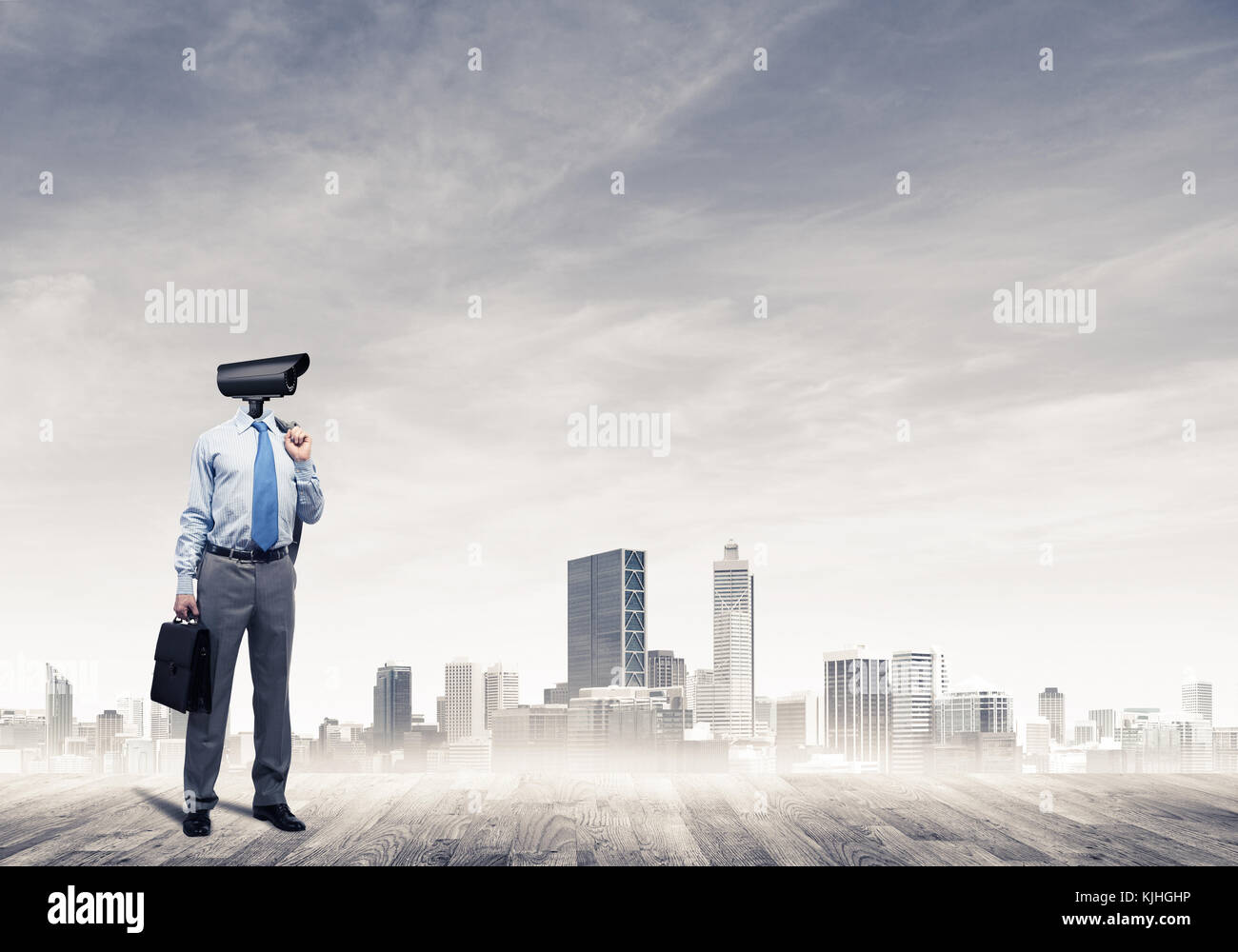 Camera headed man standing on wooden floor against modern citysc Stock ...