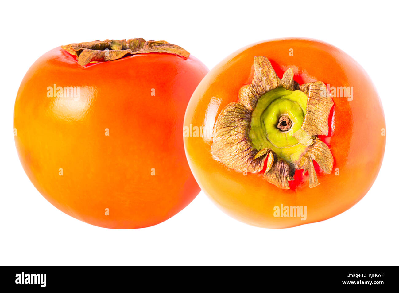 Isolated fruits. Two whole persimmon isolated on white background with ...