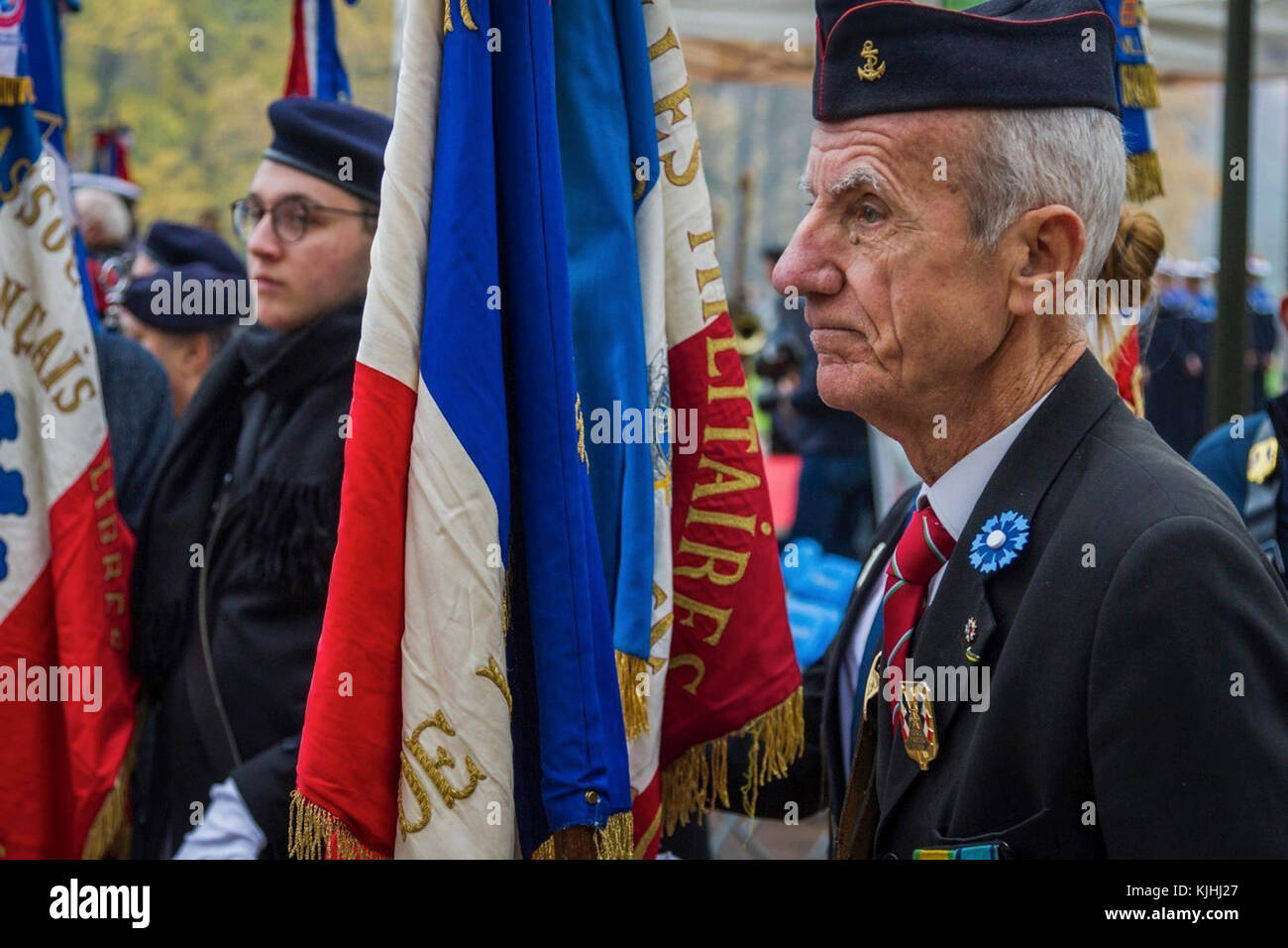 A French Military Veteran stands in formation during a Remembrance Day ...
