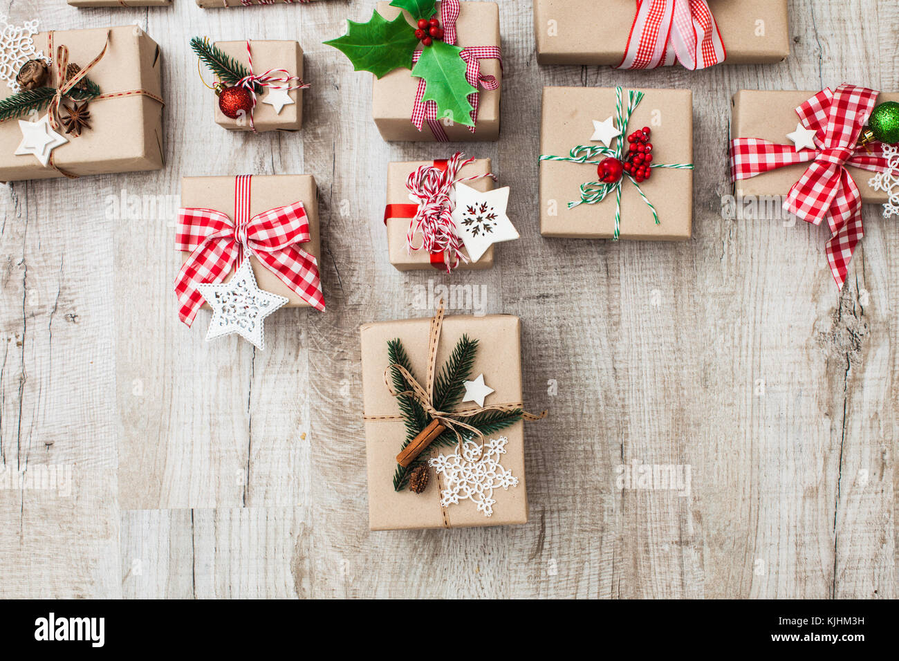 Christmas craft boxes decorated in vintage and natural style, top view ...