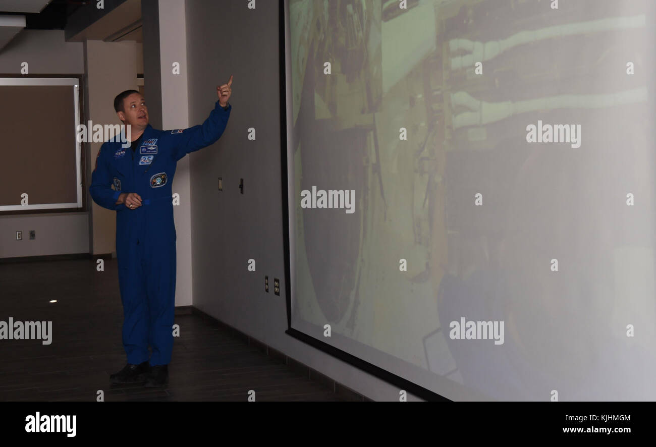 Col. Jack Fischer, NASA astronaut, presents a video to base members at ...