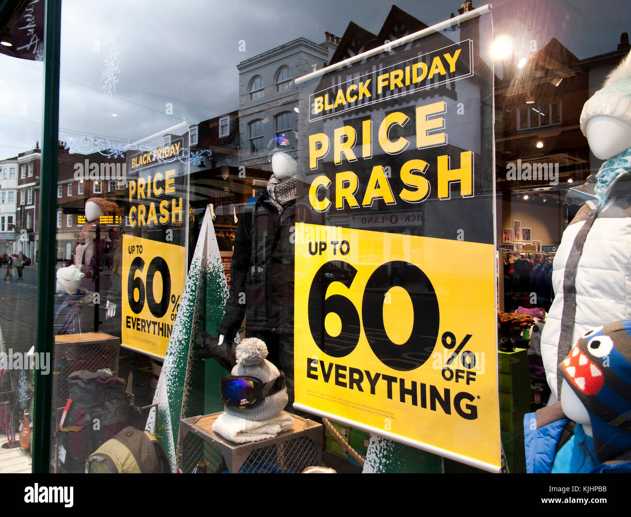 Black Friday price crash signs in high street outdoor fashion store ...