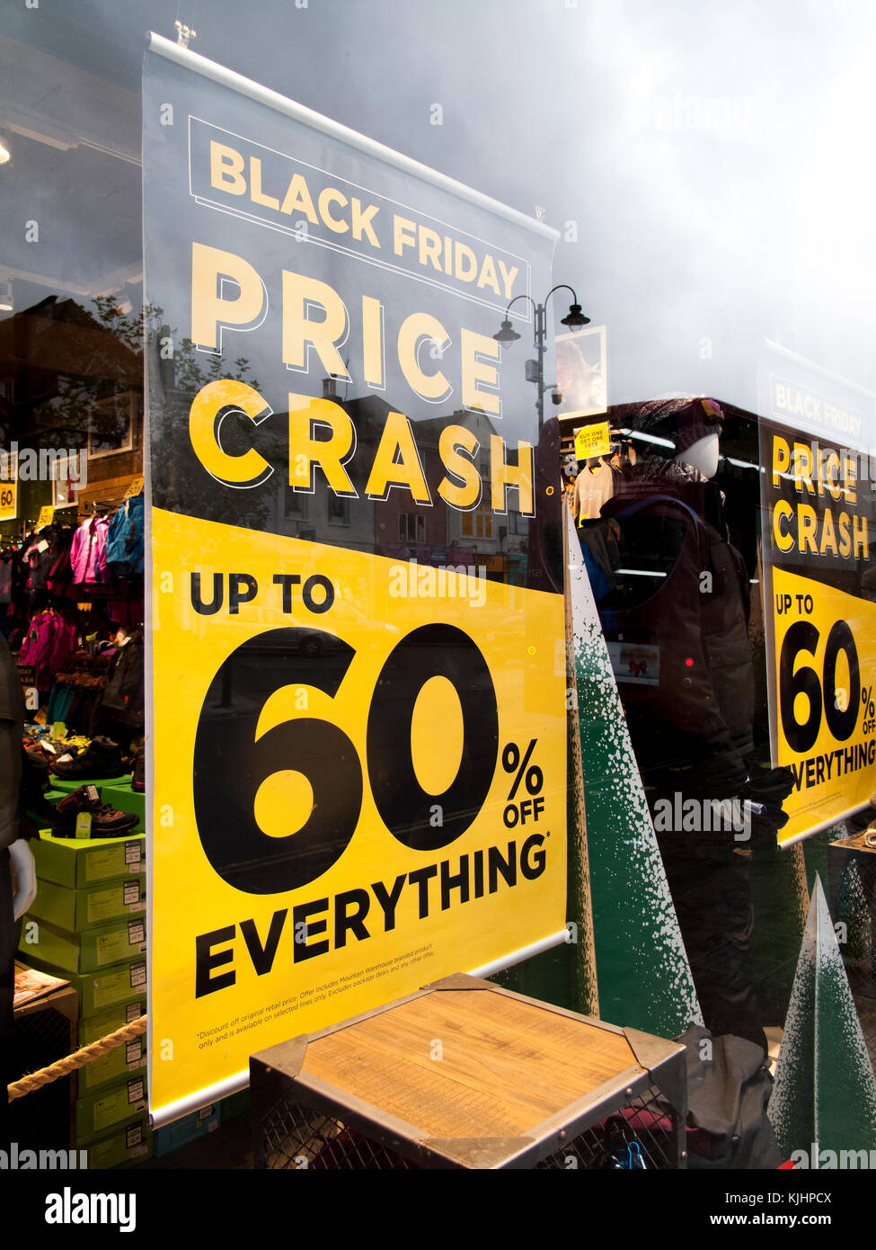 Black Friday price crash signs in high street outdoor fashion store ...
