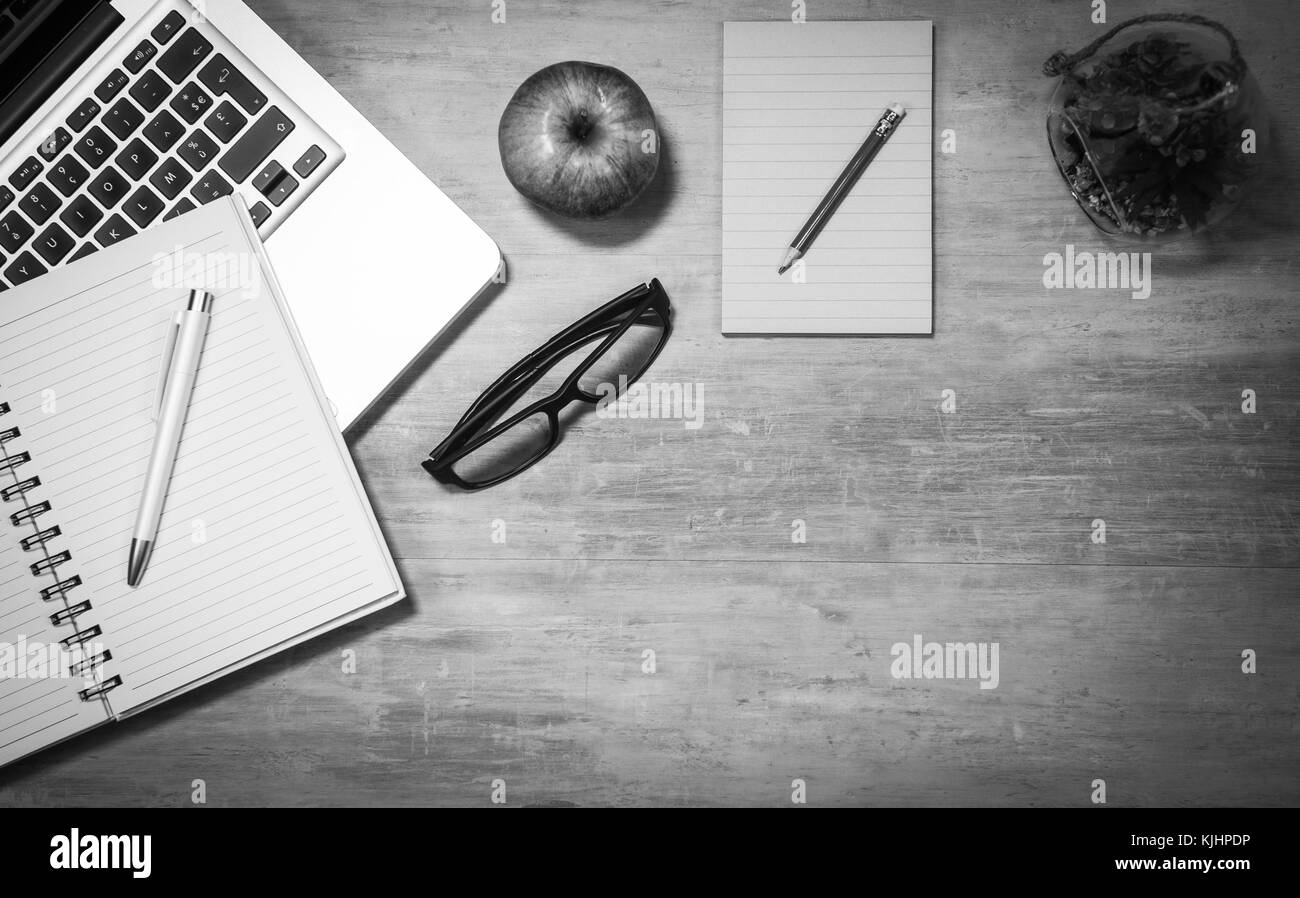 Wood desk table laptop Black and White Stock Photos & Images - Alamy