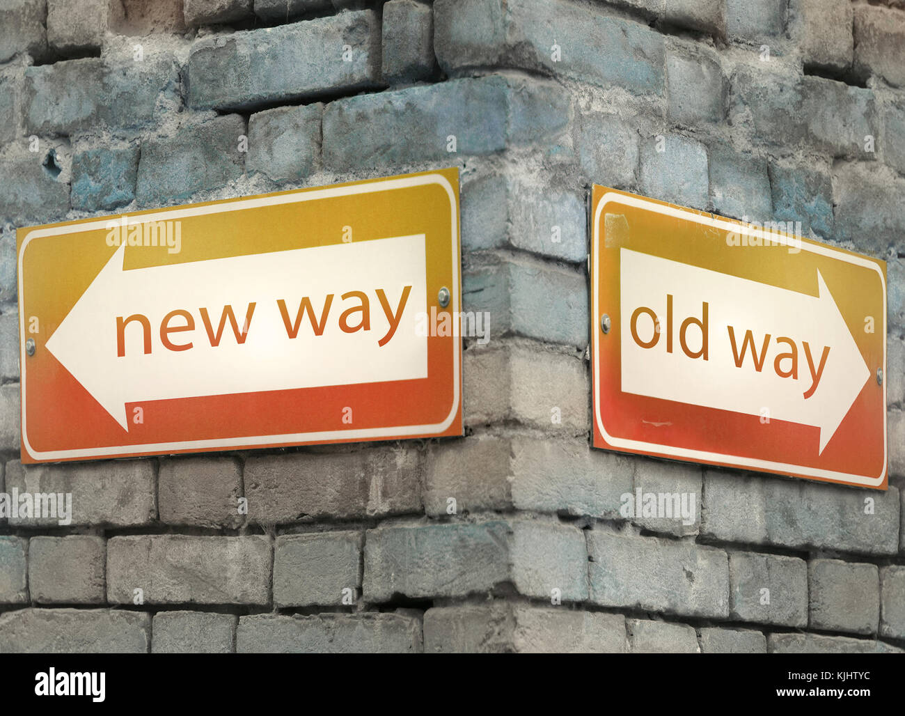 Two direction arrow at the angle of an old brick wall with the text new ...