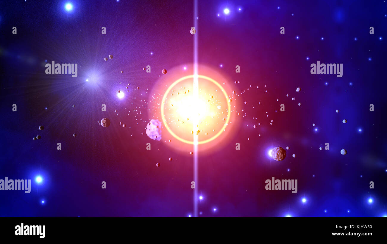 3D Illustration of a stellar explosion or Supernova throwing Asteroids ...