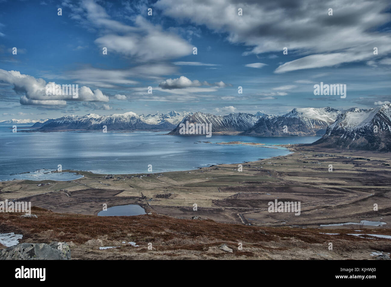 Coastal mountain landscape view from Mt Hoven, Gimsoya Island, Lofoten ...