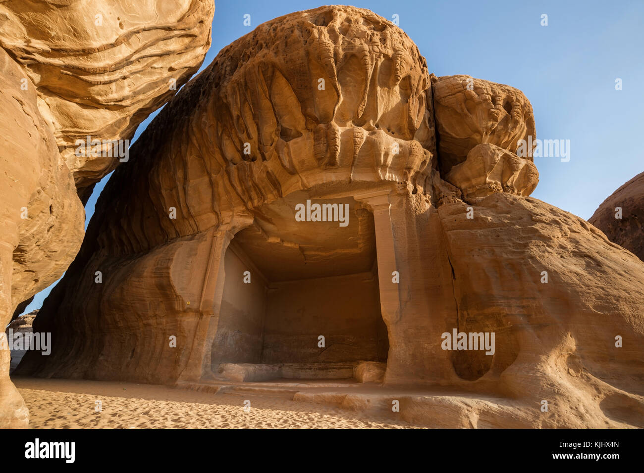 Rock formation and carving, Mada'in Saleh, Al Madinah, Al-Hejaz, Saudi ...