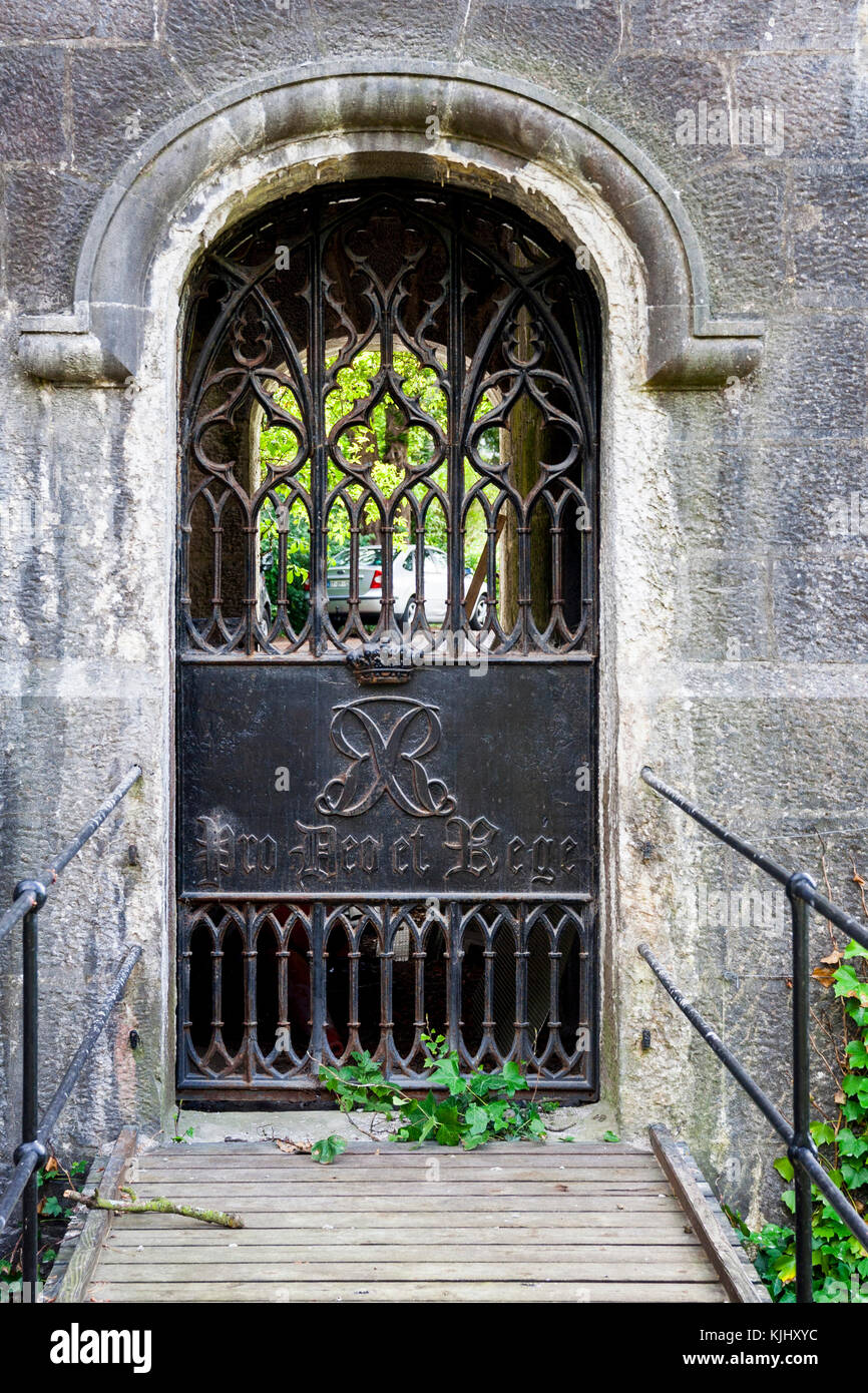 Ornate black wrought iron castle gate, drawbridge, Birr Castle Ireland ...