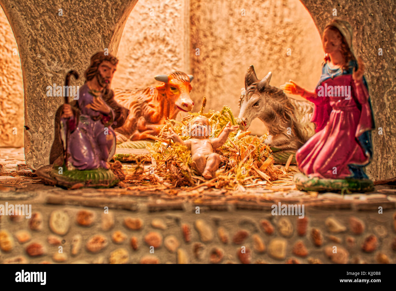 Christmas creche with Baby Jesus, Saint Joseph and Blessed Virgin Mary ...