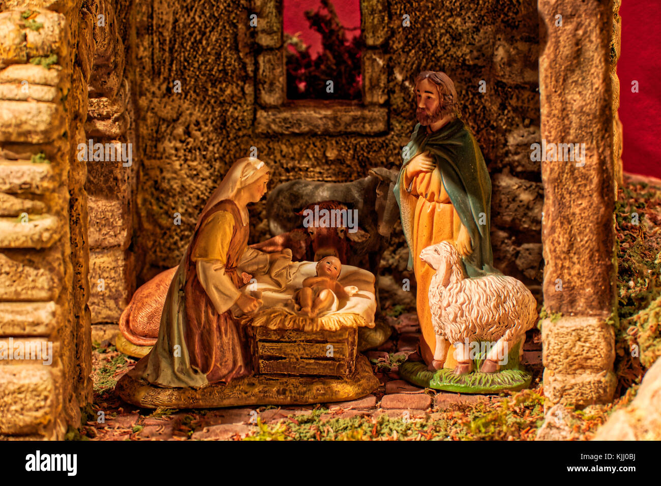 Christmas creche with Baby Jesus, Saint Joseph and Blessed Virgin Mary ...