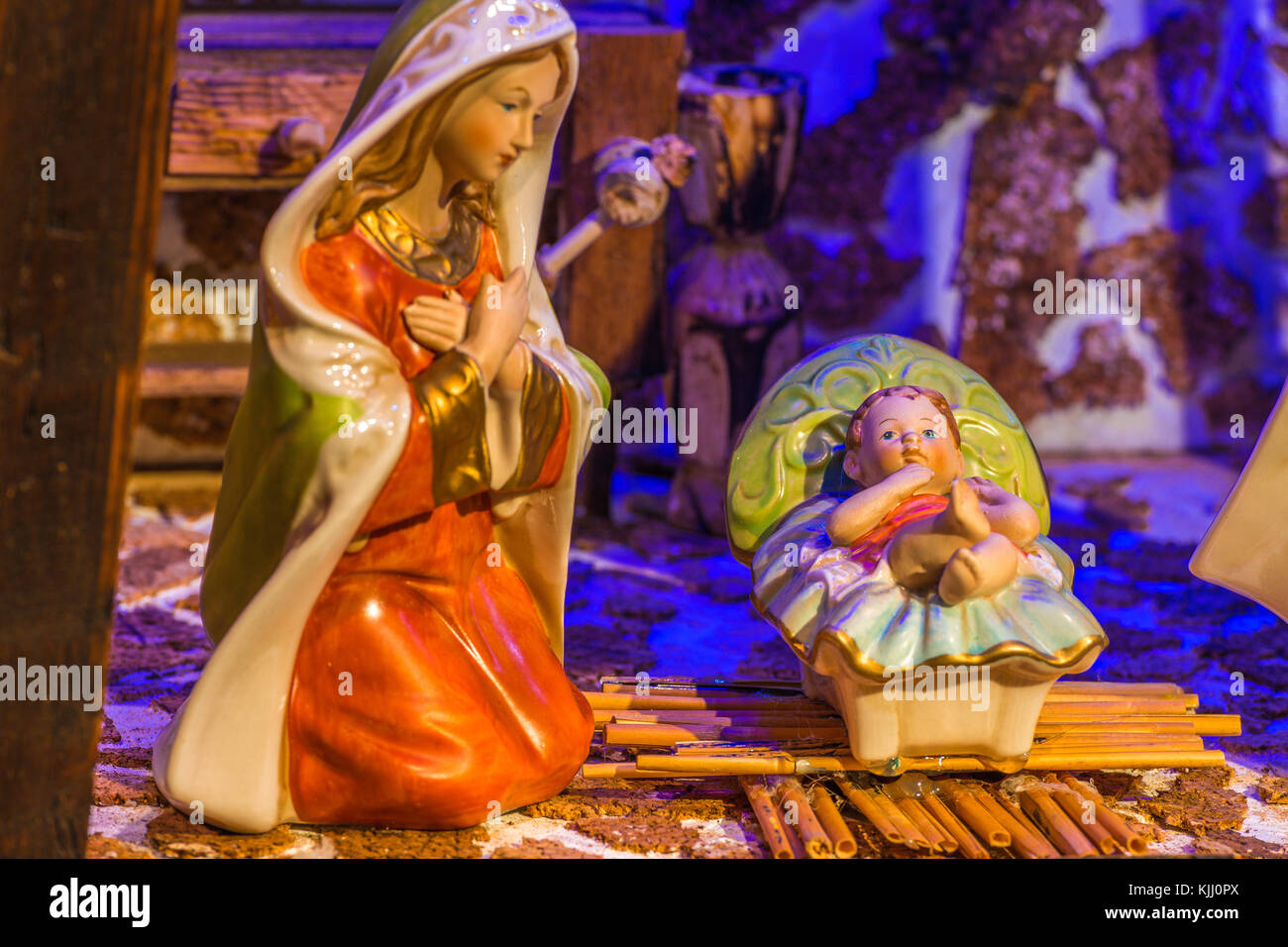 Christmas creche with Baby Jesus and Blessed Virgin Mary Stock Photo ...