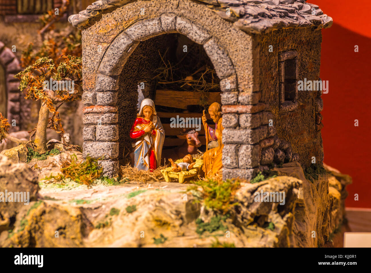 Christmas creche with Baby Jesus, Saint Joseph and Blessed Virgin Mary ...