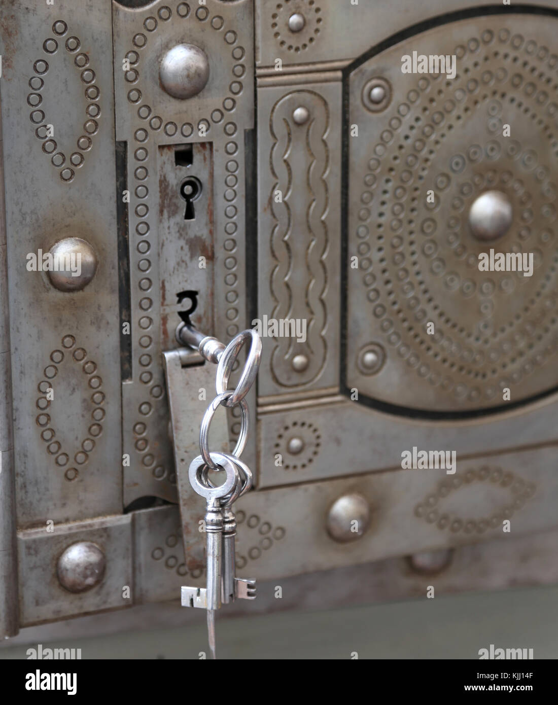 very ancient safe with double lock and iron keys Stock Photo - Alamy