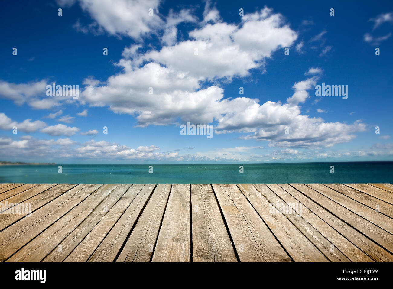 Empty wooden deck over sea and sky background Stock Photo - Alamy