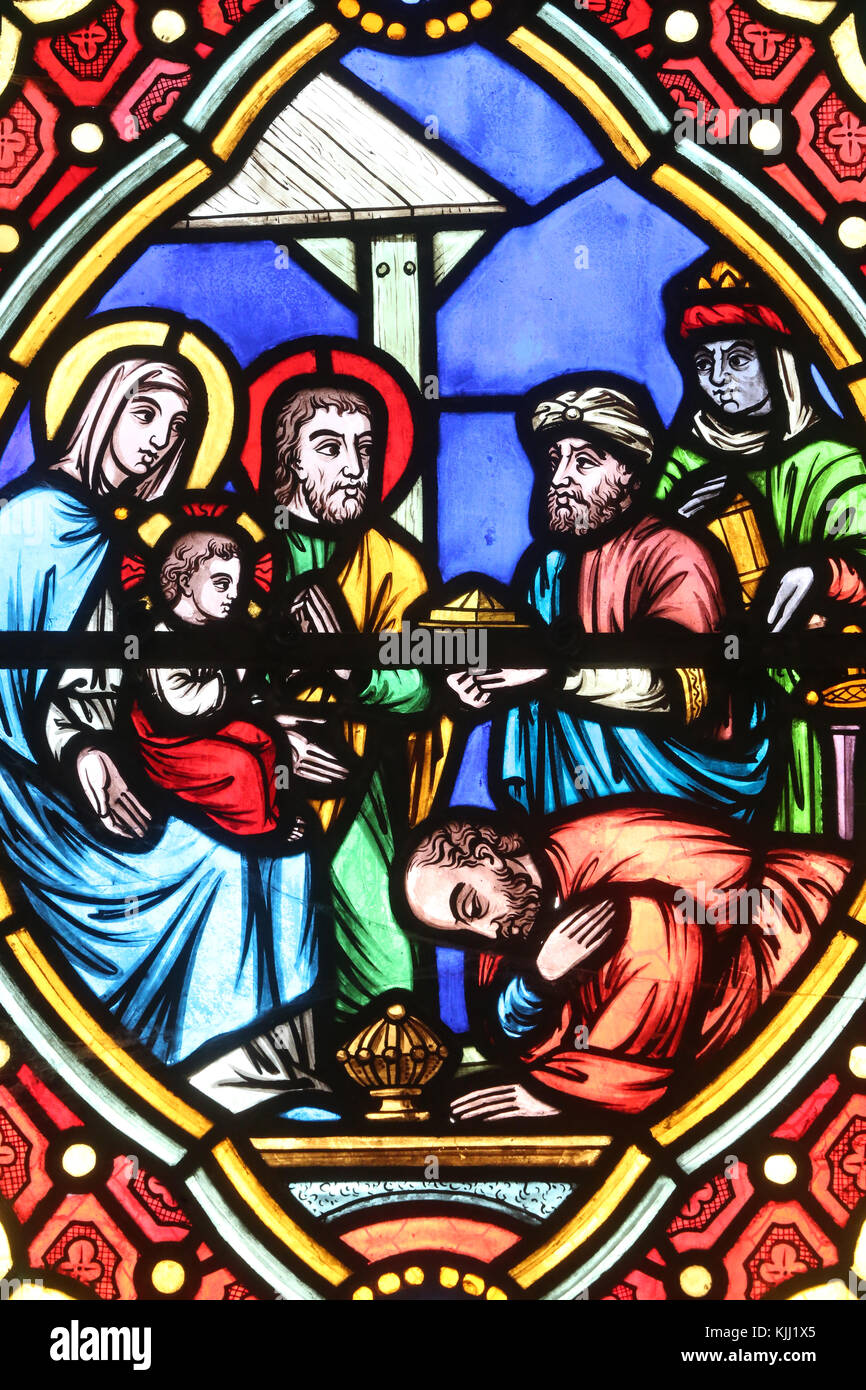 Saint-Pere church. Stained glass window. Holy Family. The Nativity ...