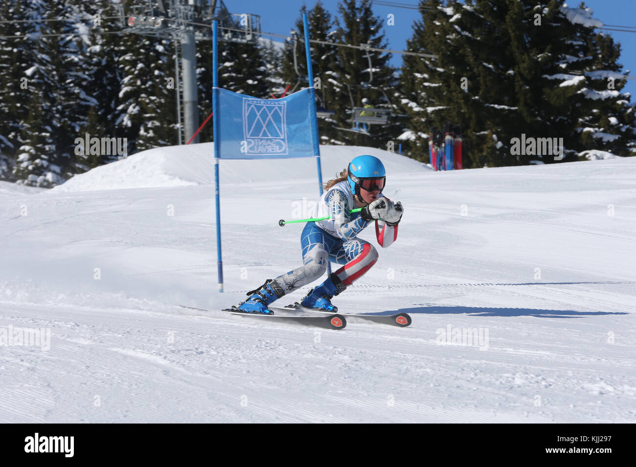 French Alps. Giant Slalom skier rounds gate at high speed. France Stock ...