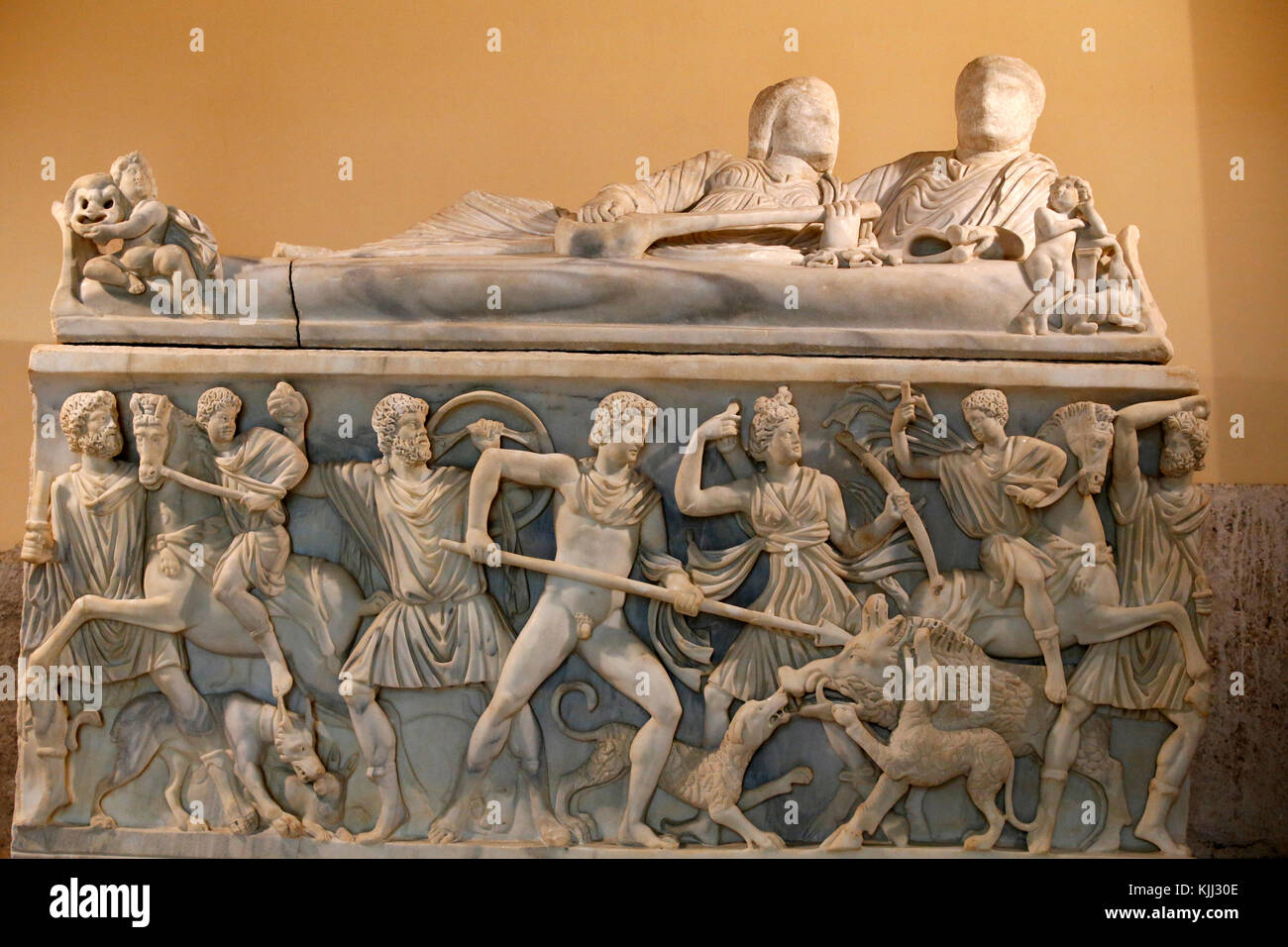 Capitoline museum, Rome. Sarcophagus with the Calydonian boar hunt. M.C ...