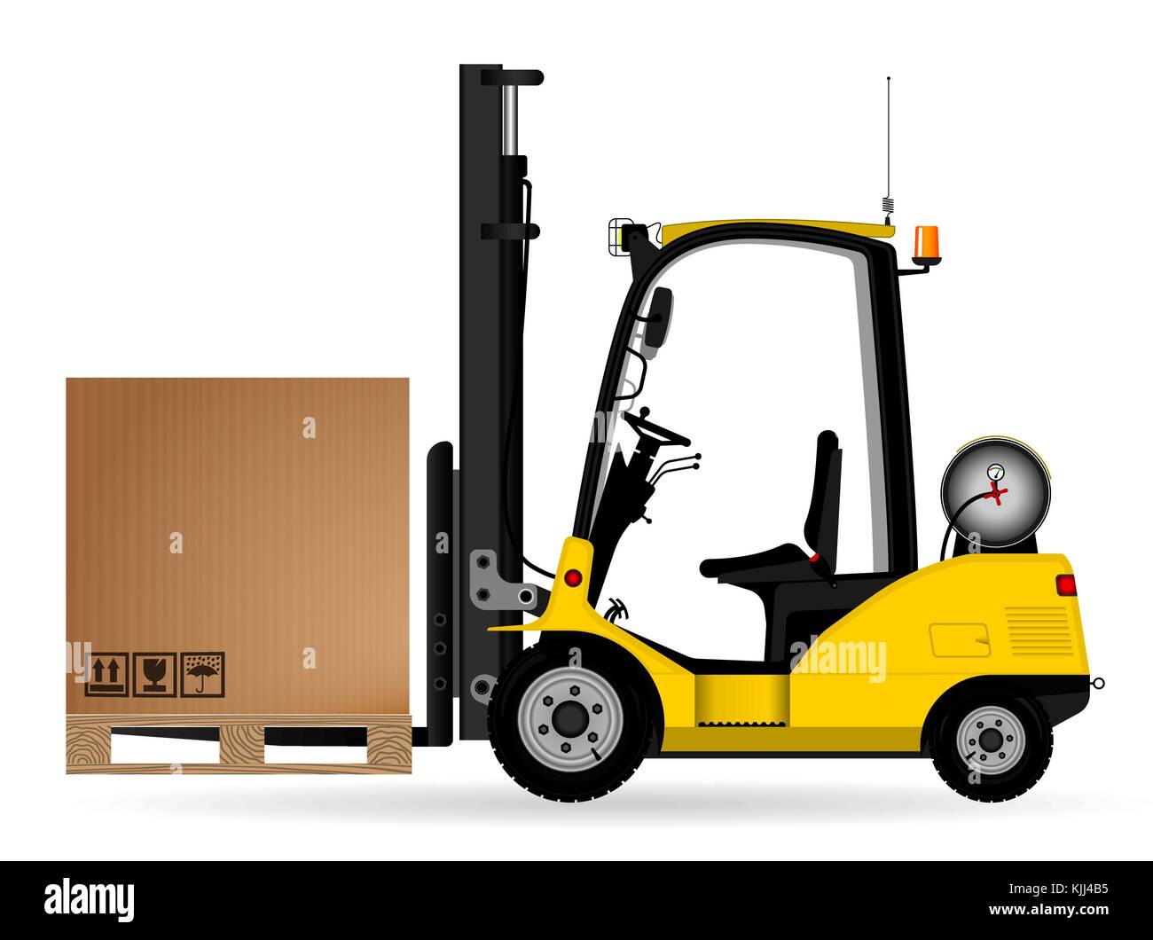 Yellow warehouse forklift with a cardboard box on the pallet. Side view ...