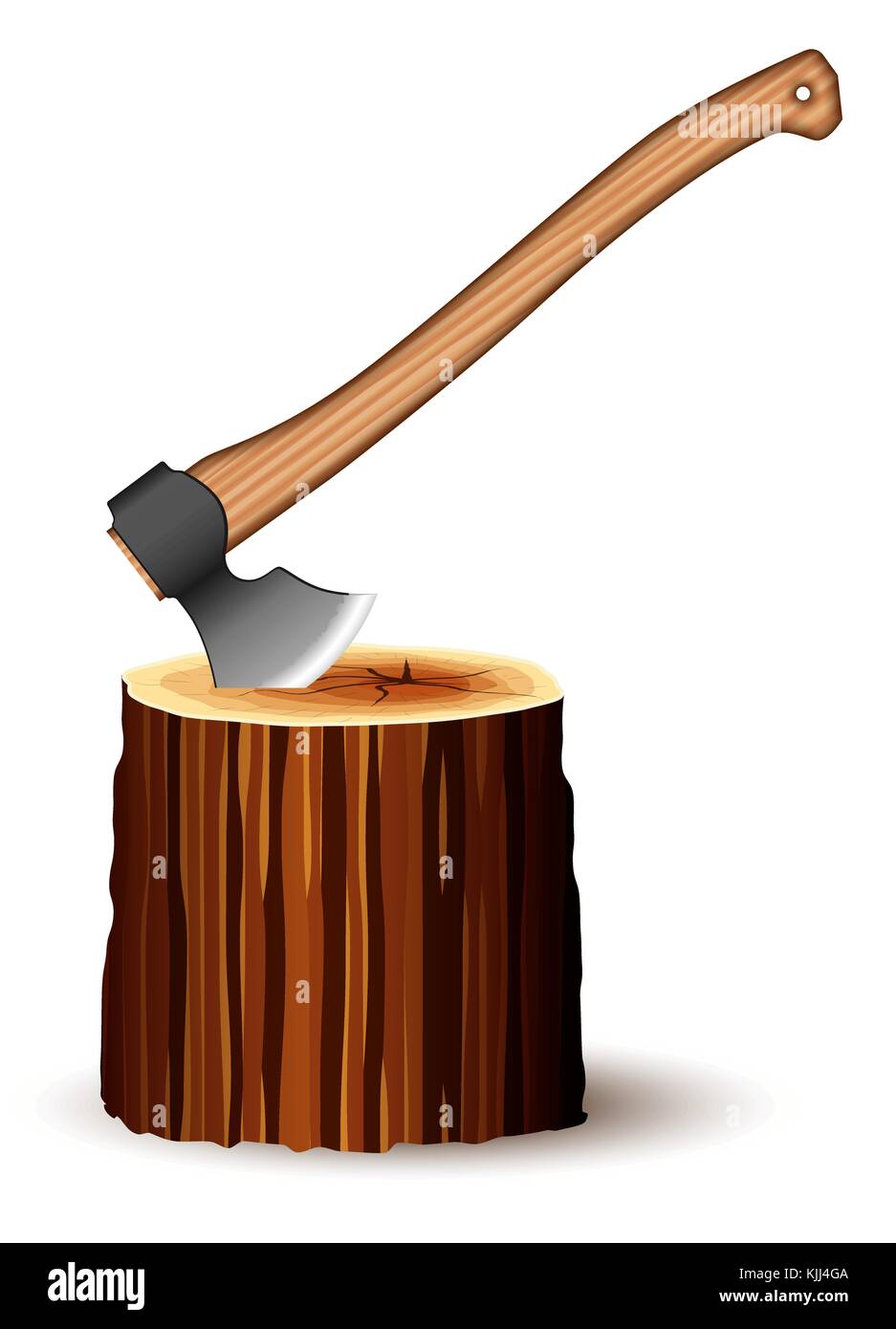 A huge ax with a comfortable wooden handle and a sharp blade. Stuck in ...