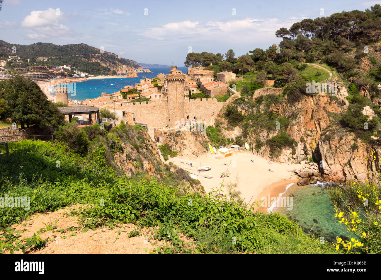 View on the historic beach town Tossa de Mar on the Costa Brava beach ...
