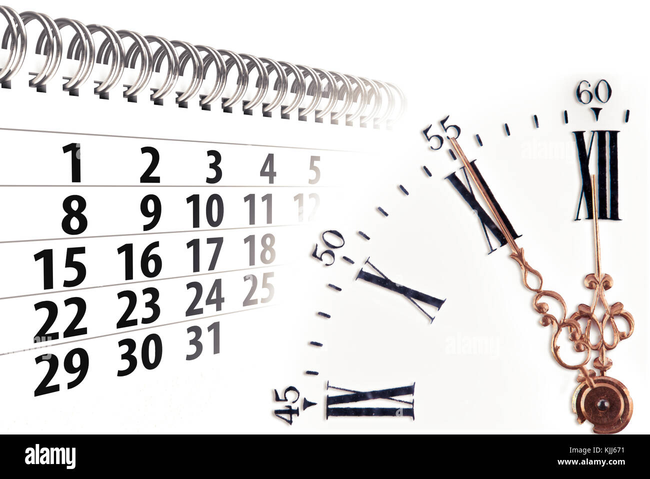 Composition of clock and calendar white background Stock Photo - Alamy