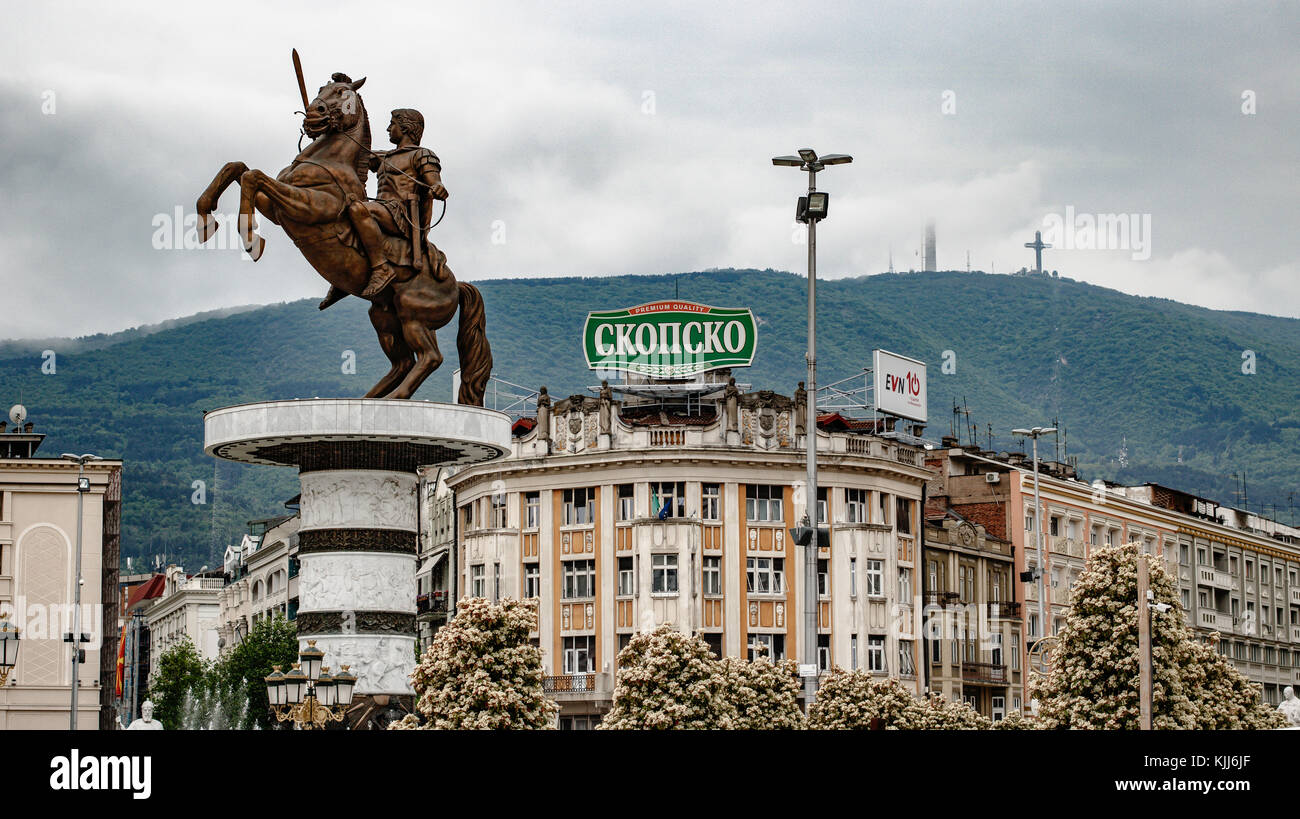 Statue of Alexander the great and the Mt. Vodno in the background Stock ...
