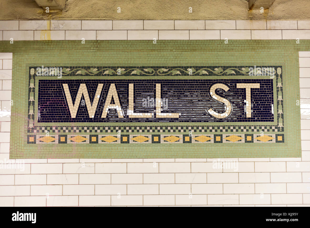 Wall street subway sign tile pattern in New York City Manhattan station ...