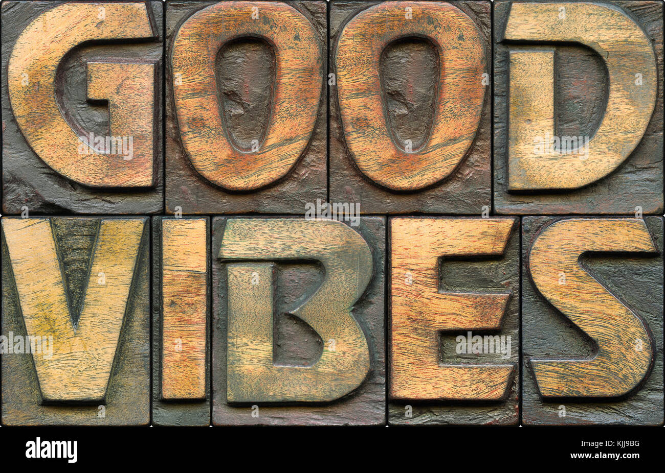 good vibes label composed from vintage wooden letterpress type Stock ...